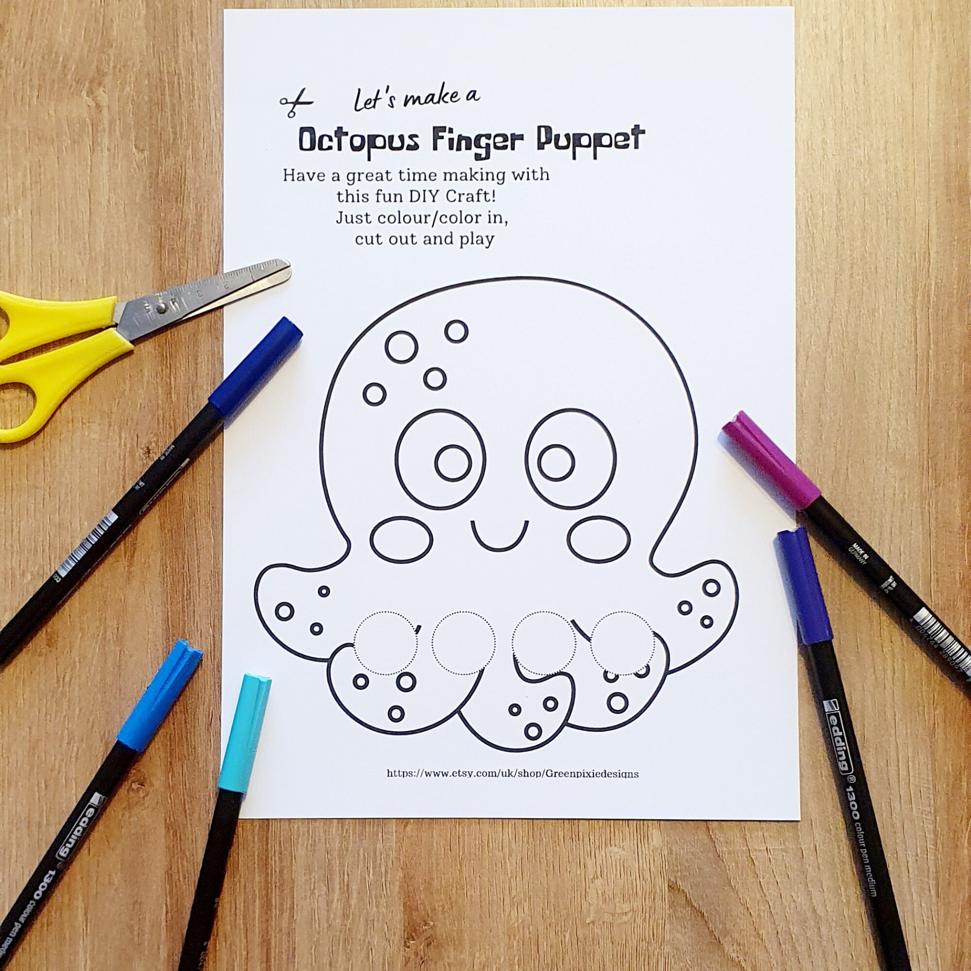 Octopus Sealife Animals Finger Puppet Easy Paper Card Colouring Crafts ...