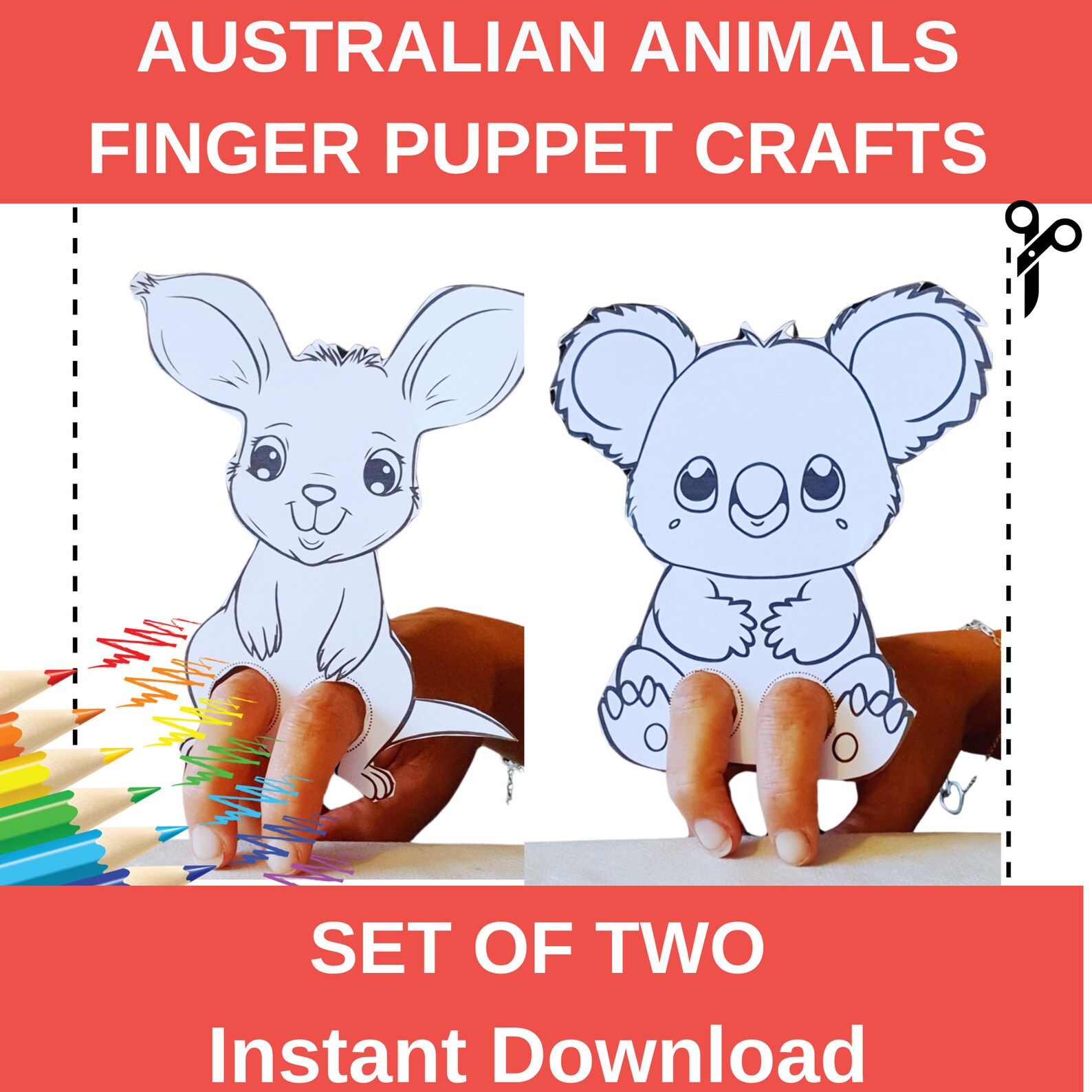 2 Australian Animals Finger Puppet Set Easy Card Colouring Crafts ...