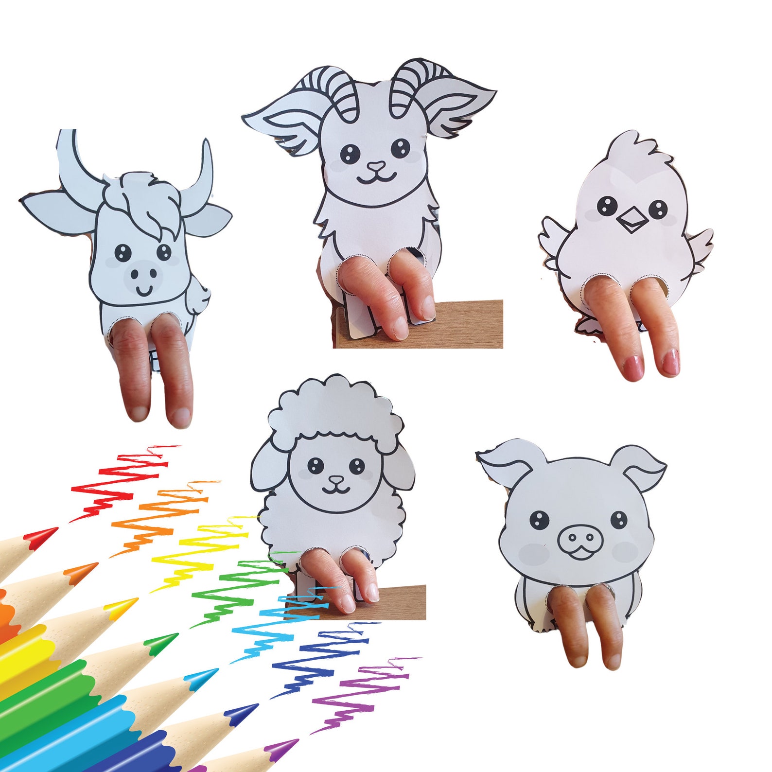 5 DIY Farm Animal Finger Puppet Card Colouring Crafts Kids PDF Toy ...