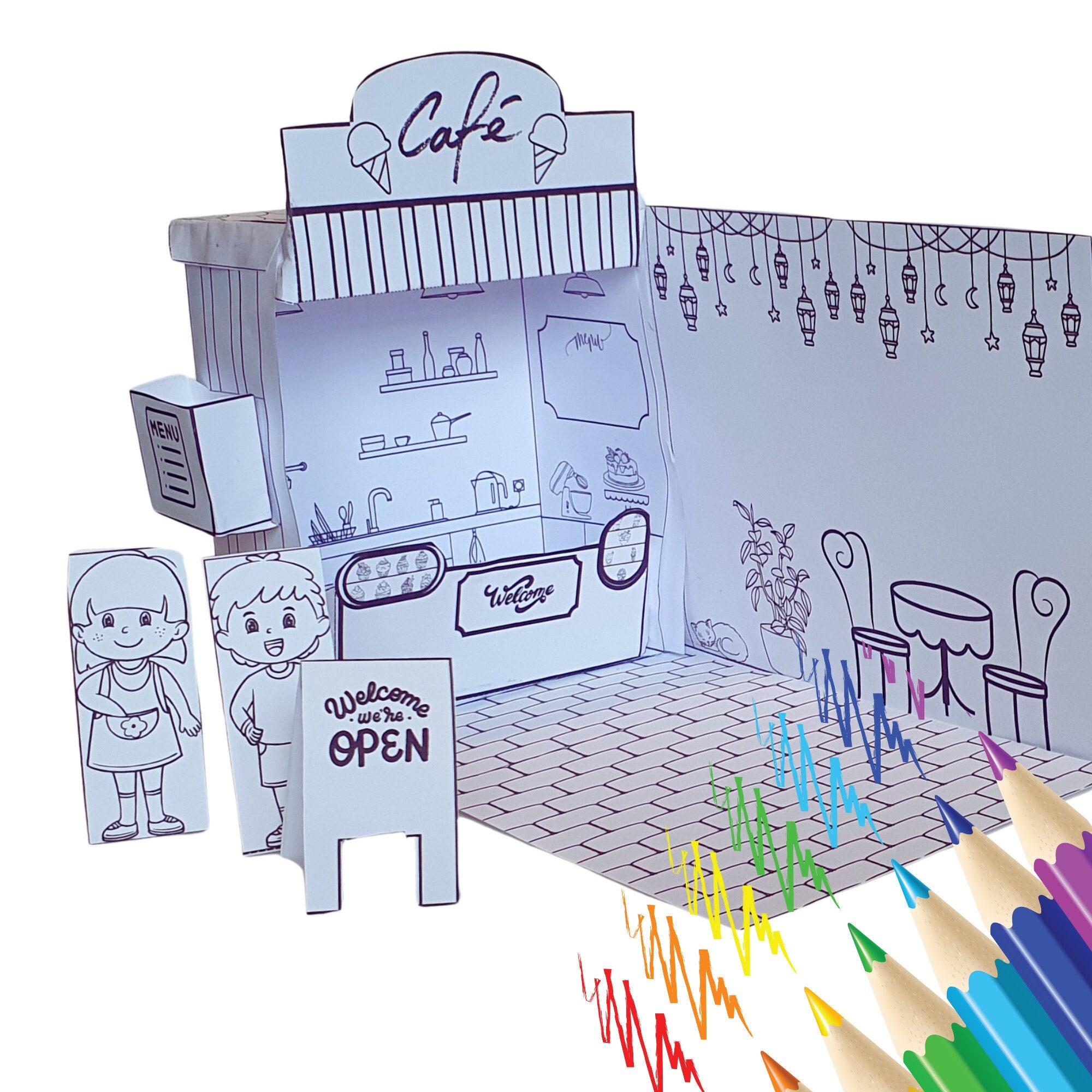Café Restaurant Shop 3d Kids Craft Cut Out and Make Colouring/coloring ...