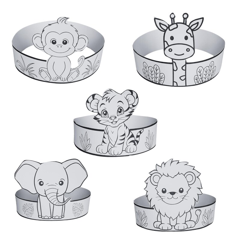 Five Jungle Safari Animals DIY Crown Hats Craft Birthday Party ...