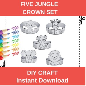 Five Jungle Safari Animals DIY Crown Hats Craft Birthday Party ...