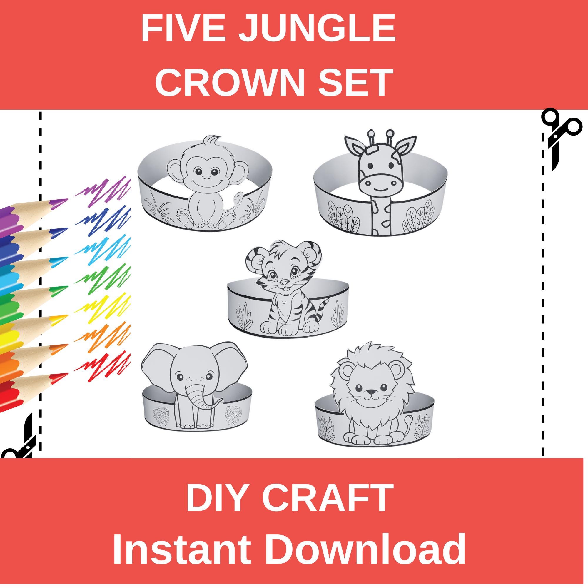 Five Jungle Safari Animals DIY Crown Hats Craft Birthday Party ...