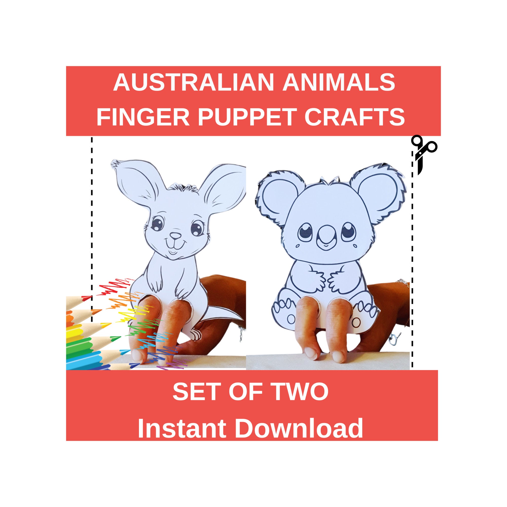 2 Australian Animals Finger Puppet Set Easy Card Colouring Crafts ...