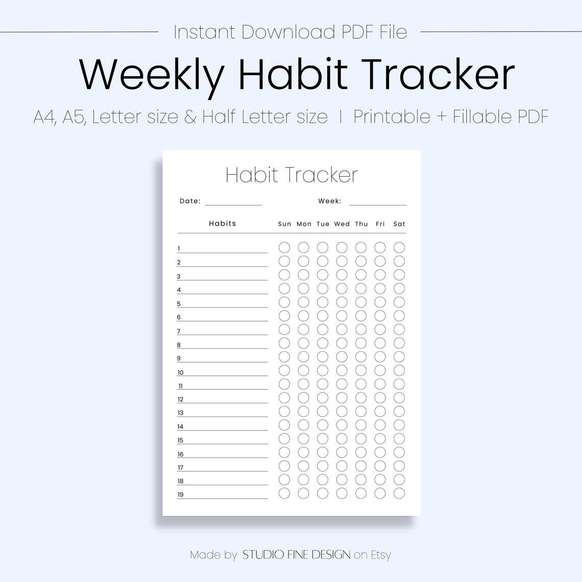 Weekly Habit Tracker Printable, A4/A5/US Letter, Instant Download ...