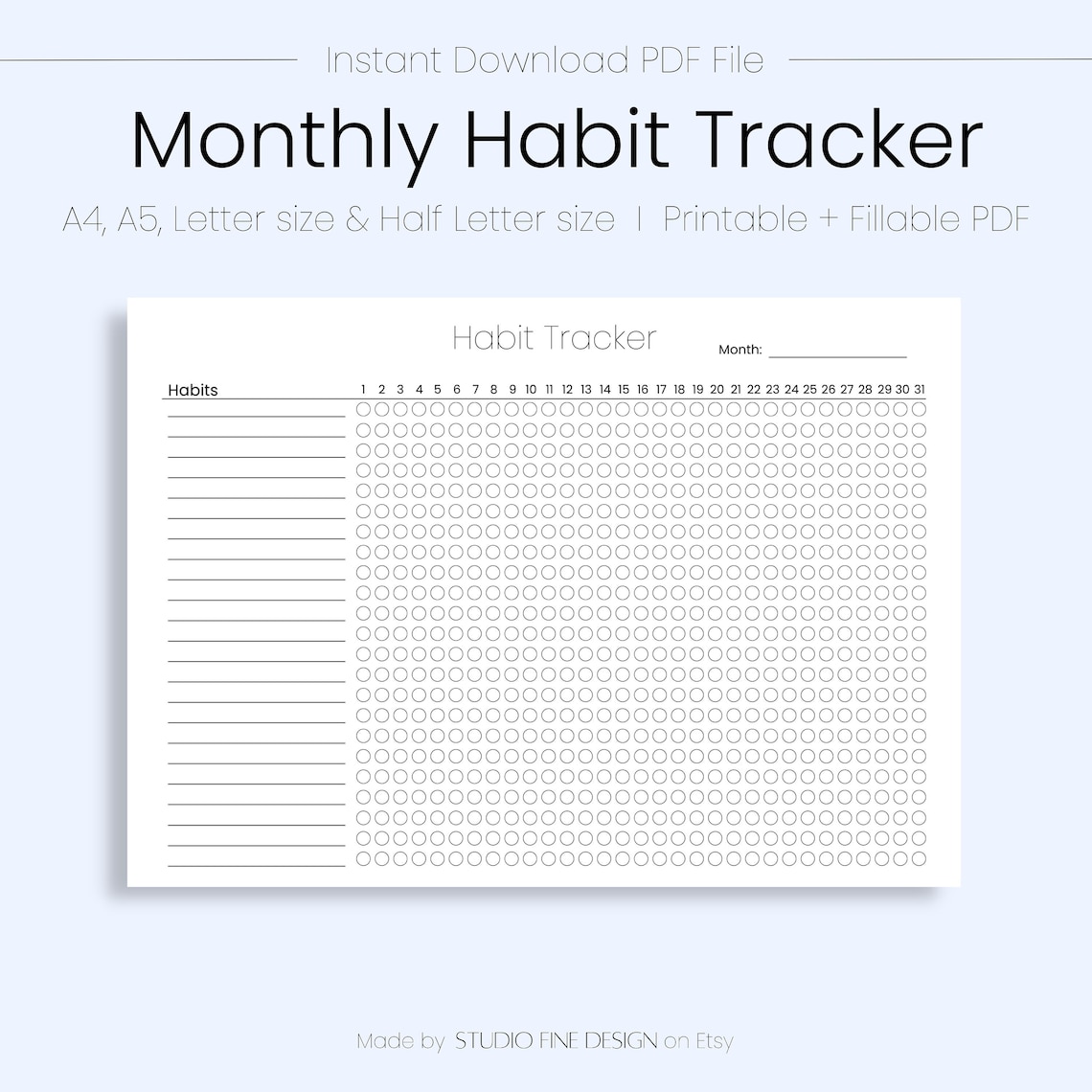 Monthly Habit Tracker Printable, Landscape A4/A5/US Letter, Instant ...