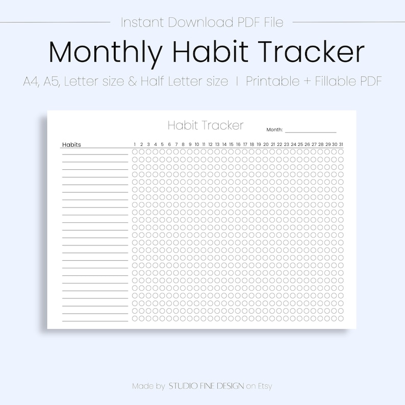 Monthly Habit Tracker Printable, Landscape A4/A5/US Letter, Instant ...