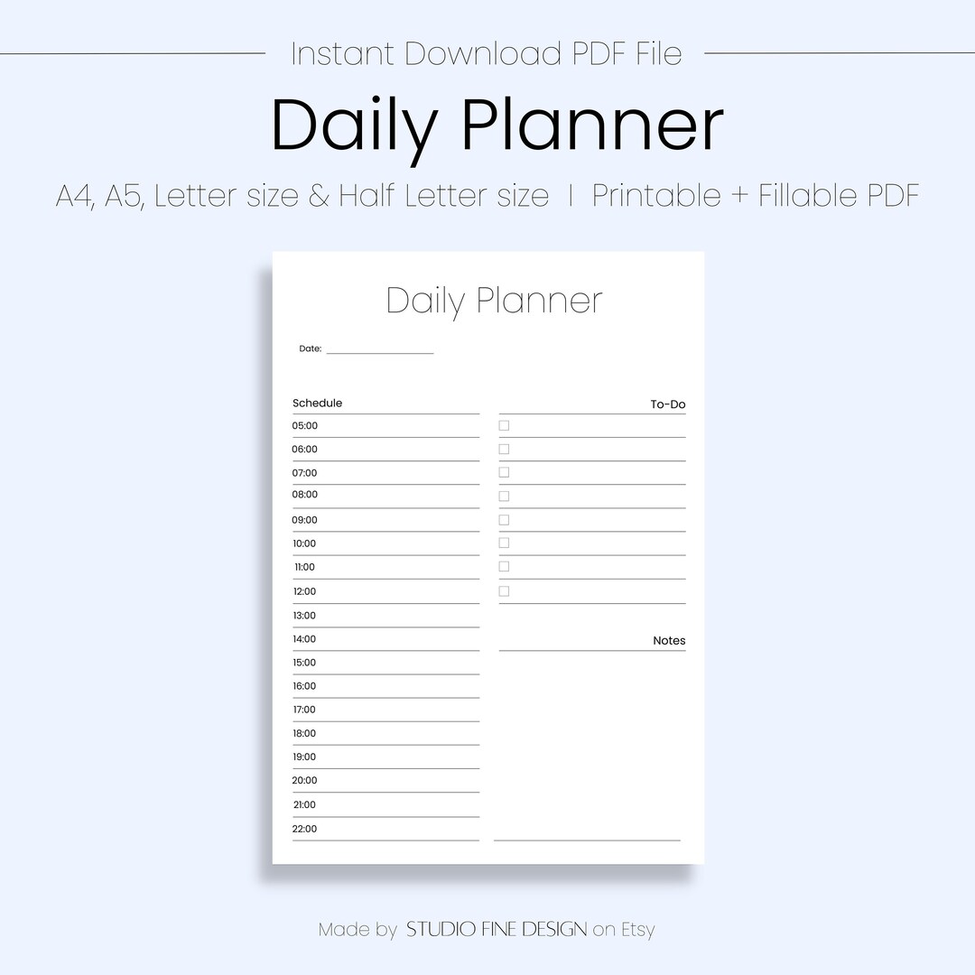 Daily Planner Printable, A4/A5/US Letter, Instant Download, Daily ...