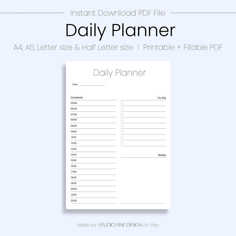 Daily Planner Printable, A4/A5/US Letter, Instant Download, Daily ...