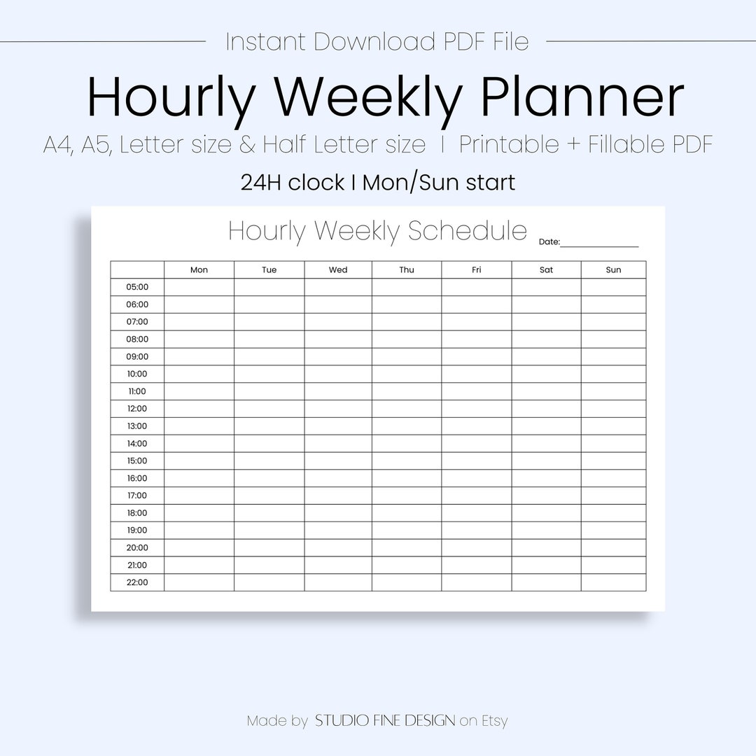 Weekly 24h Hourly Planner Printable, 24h Clock, A4/US Letter, Instant ...