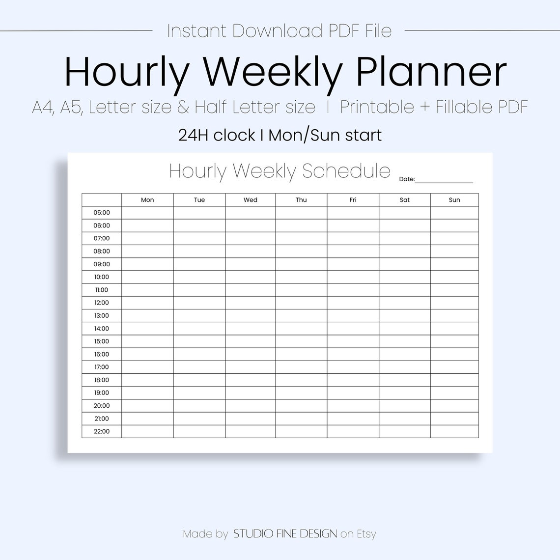 Weekly 24h Hourly Planner Printable, 24h Clock, A4/US Letter, Instant ...