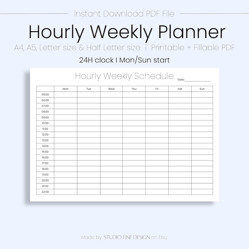 Weekly 24h Hourly Planner Printable, 24h Clock, A4/US Letter, Instant ...