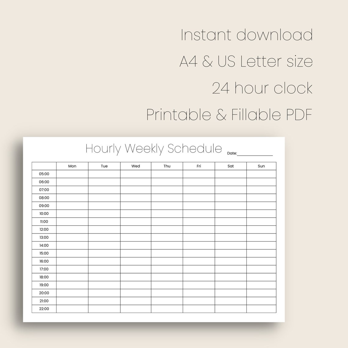Weekly 24h Hourly Planner Printable 24h Clock A4/US Letter - Etsy