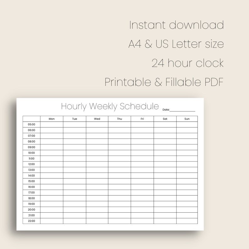 Weekly 24h Hourly Planner Printable 24h Clock A4/US Letter - Etsy