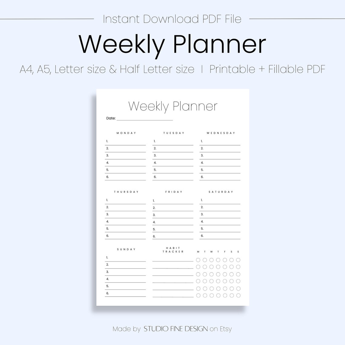 Weekly Planner Printable, A4/A5/US Letter, Instant Download, Weekly ...