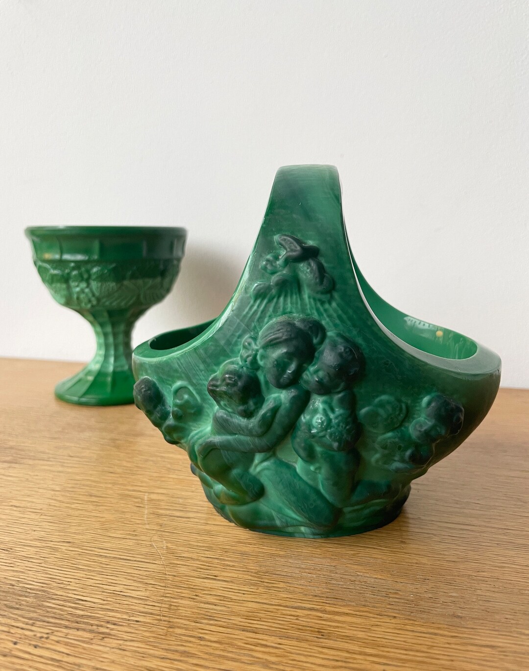 Malachite Glass Basket Vase Art Deco, Green, Bohemia, Vintage, Czech ...