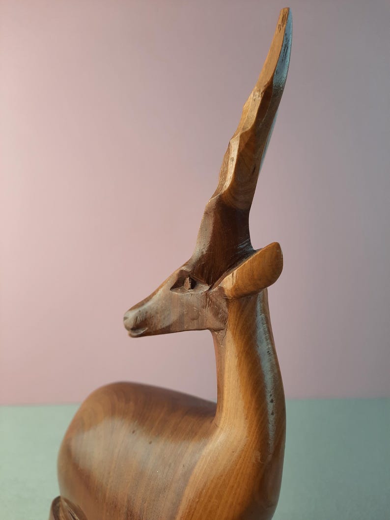 Large Wooden Seated Antelope Figure | Vintage Carved Teak Animal With ...