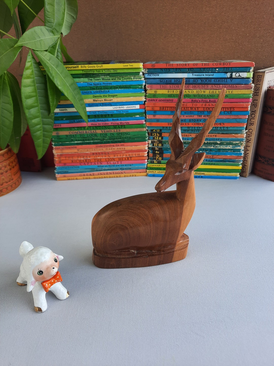 Large Wooden Seated Antelope Figure Vintage Carved Teak Animal With ...