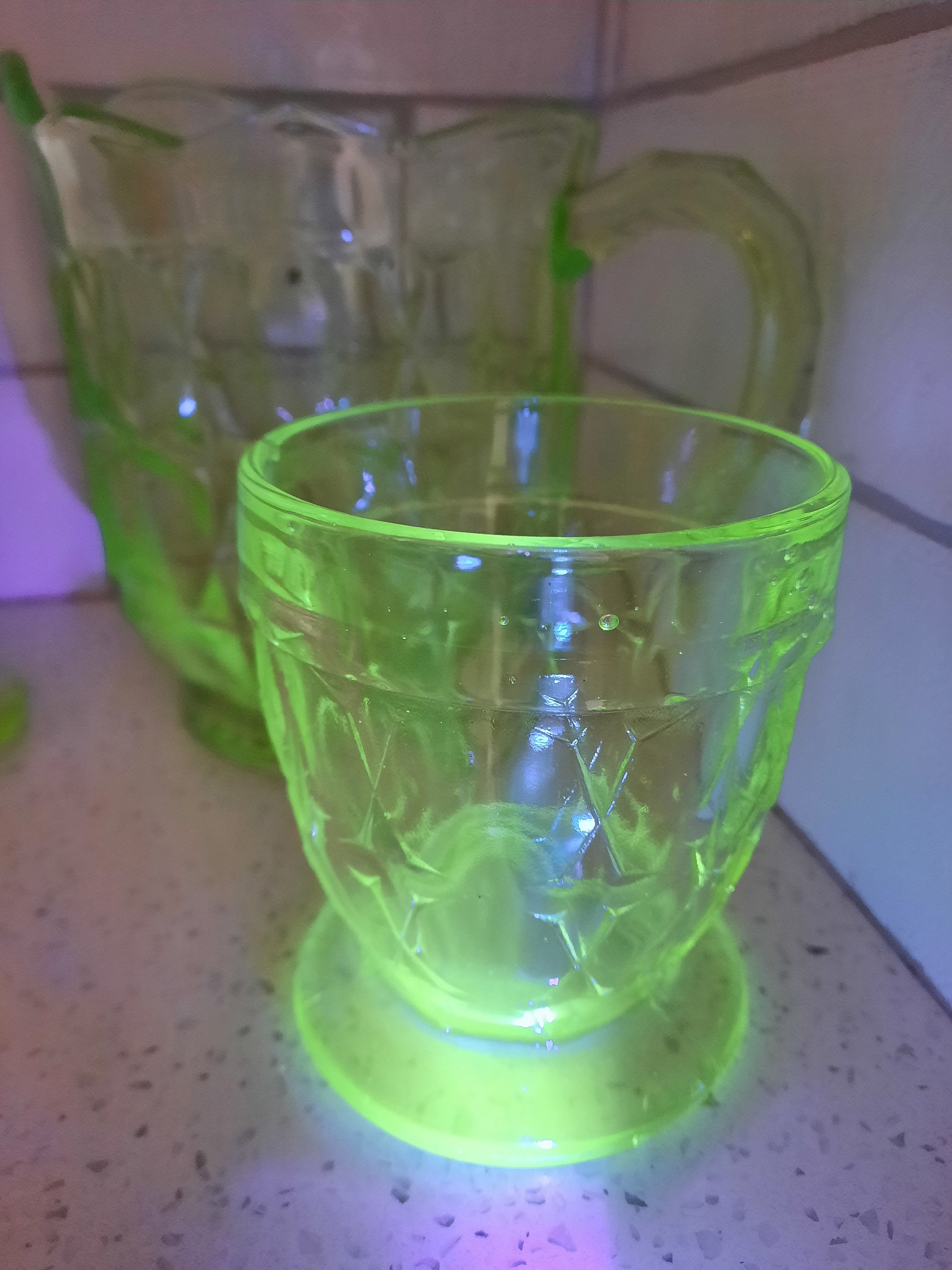 Uranium Glass Jug & 2 Beakers 1930s Sowerby Oxford Pattern no. 2481 Art ...