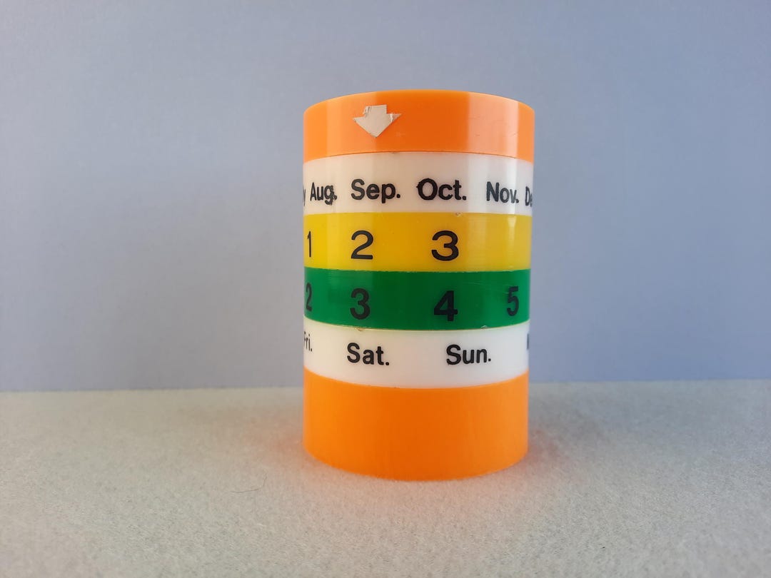 Vintage Plastic Perpetual Calendar Pen Pot | 1970s Bright Orange Round ...