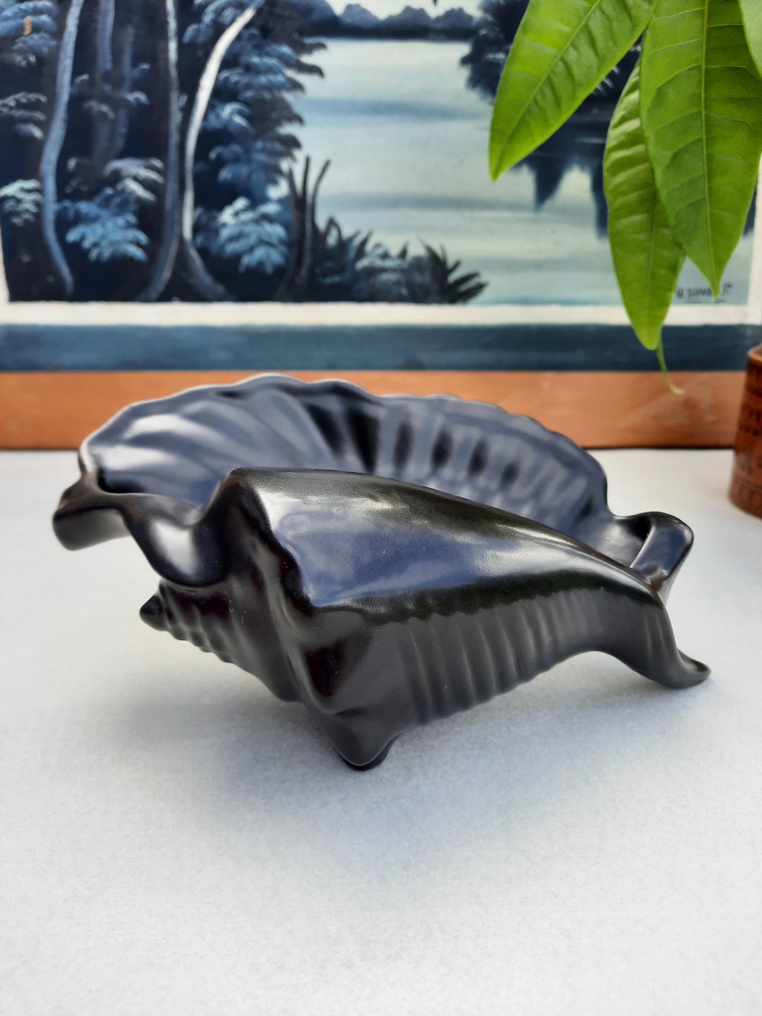 Vintage Black Conch Shell Ornament | 1960s Poole Pottery Seashell Dish ...