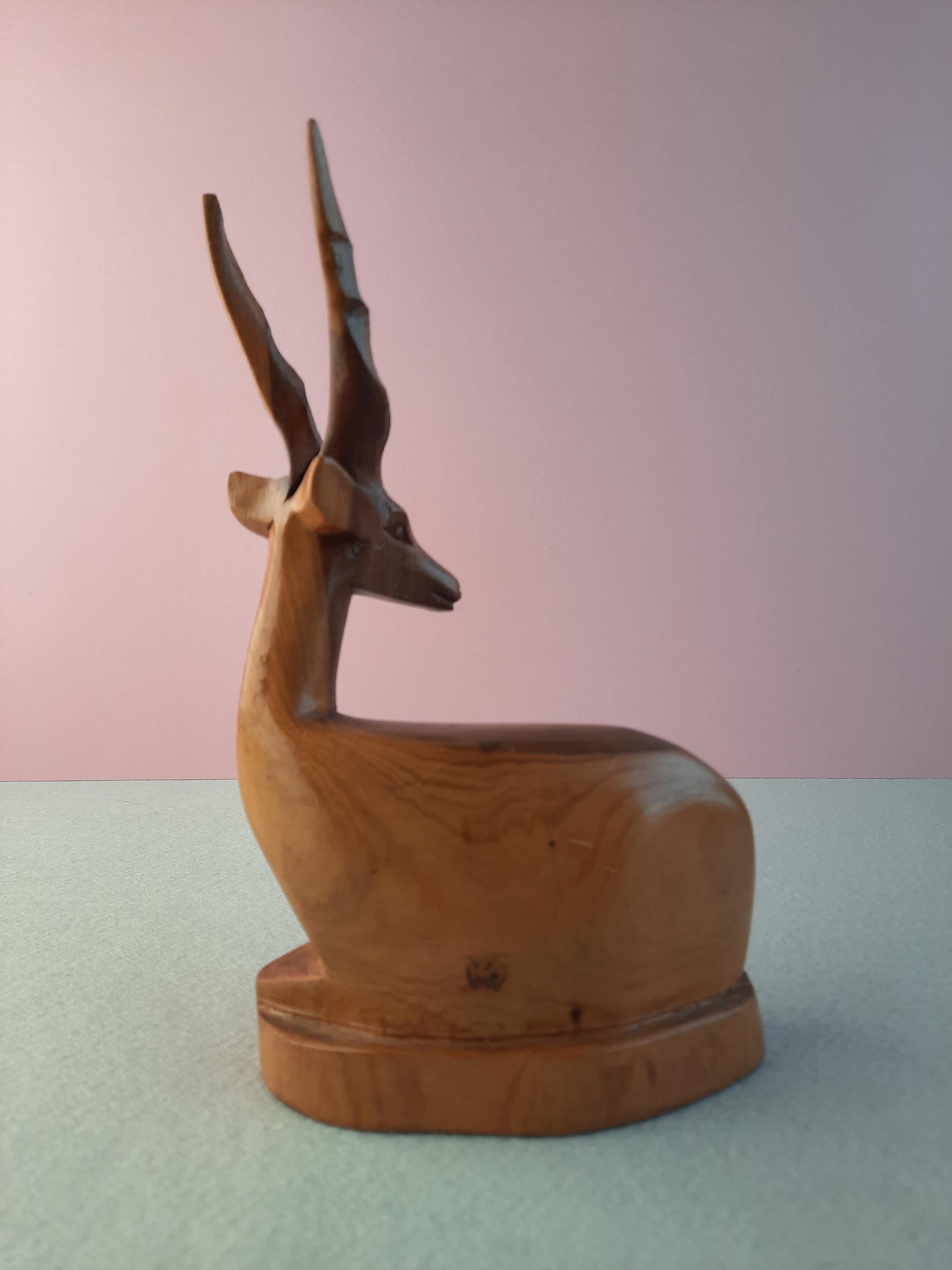 Large Wooden Seated Antelope Figure | Vintage Carved Teak Animal With ...