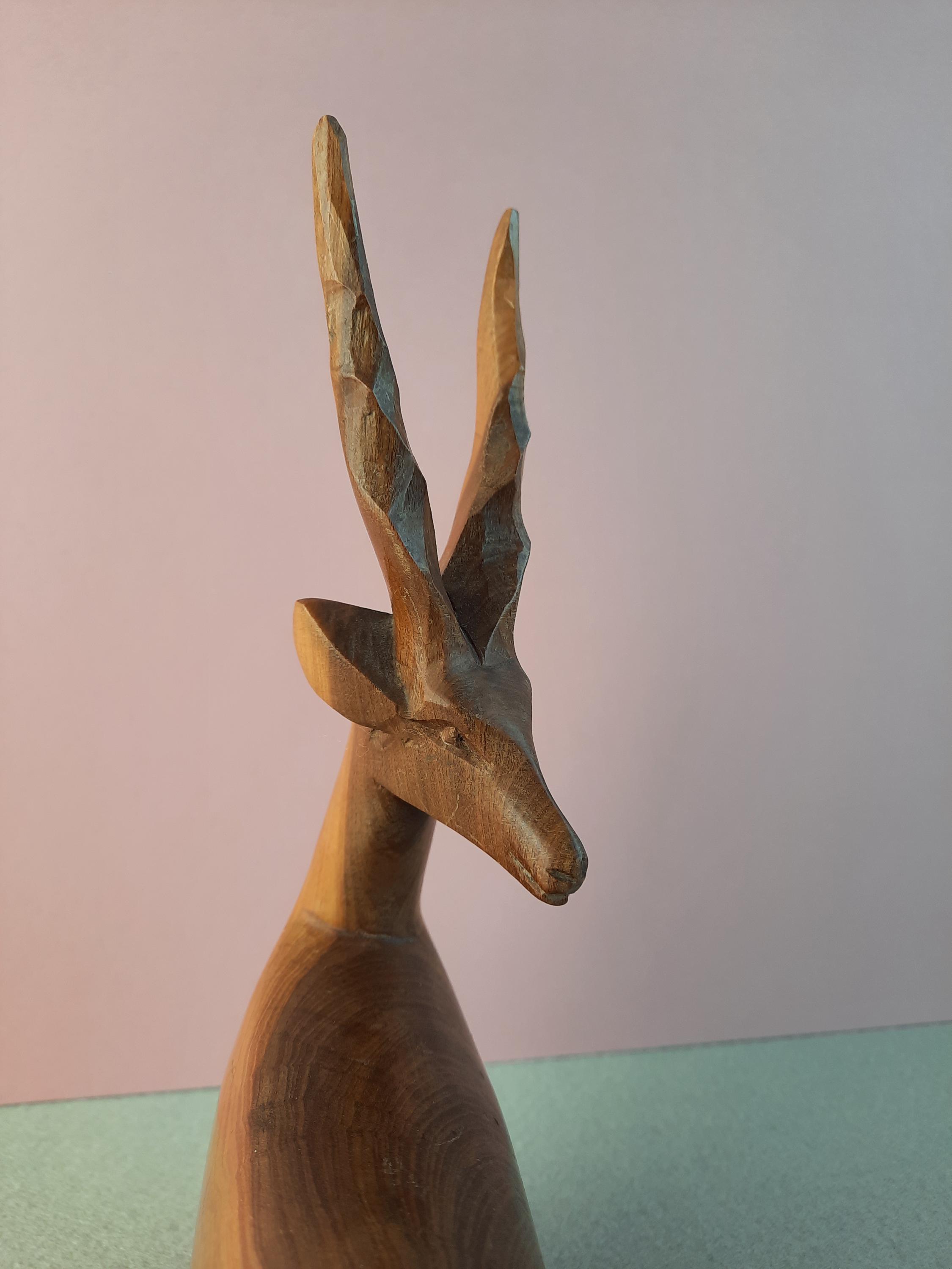 Large Wooden Seated Antelope Figure | Vintage Carved Teak Animal With ...