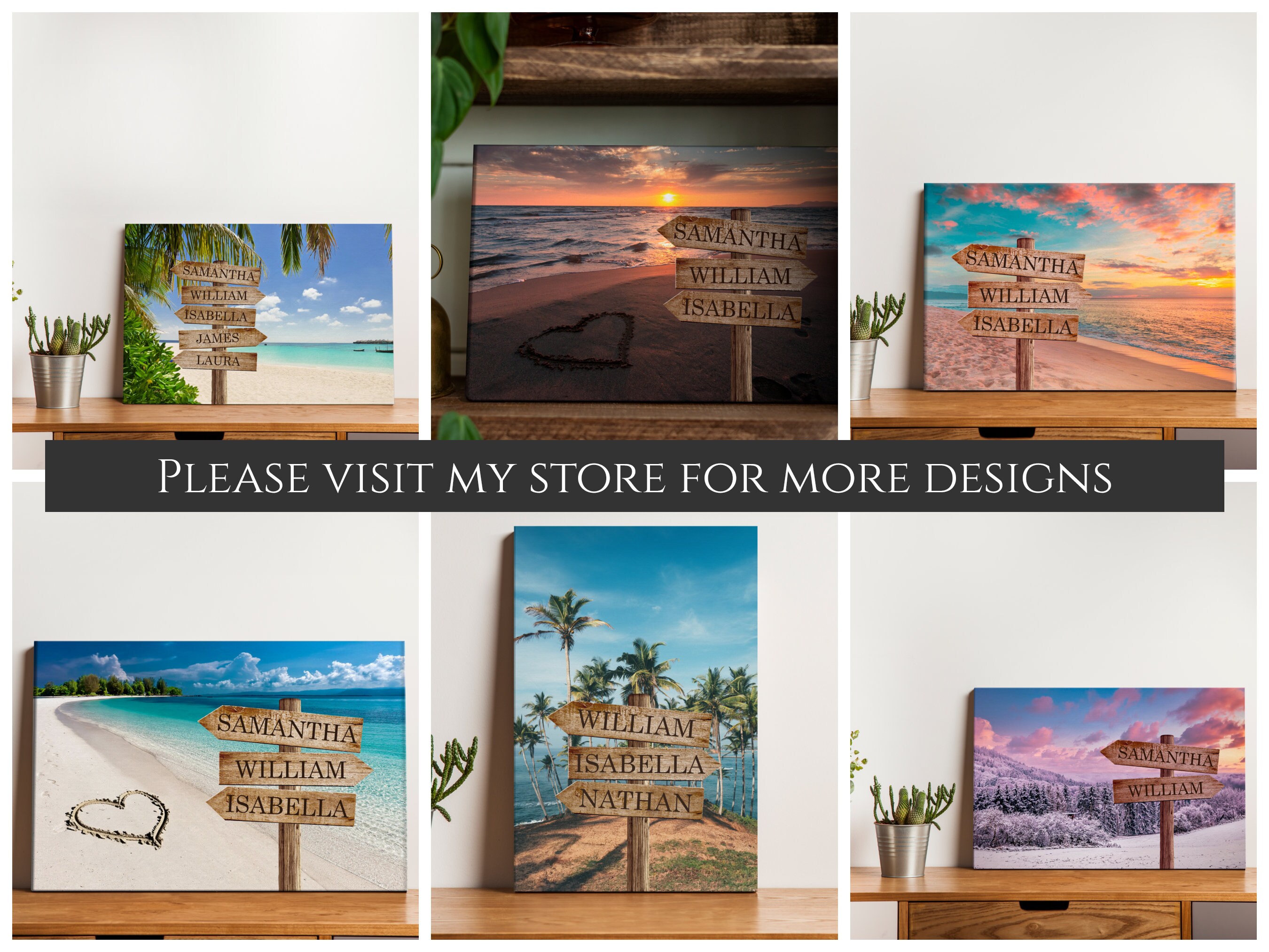 Personalized Family Names Canvas Poster, Tropical Beach Heart in Sand ...