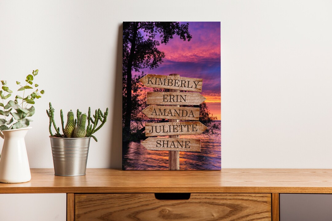 Personalized Family Names Canvas Poster, Sunset Lake Scenery Signpost ...