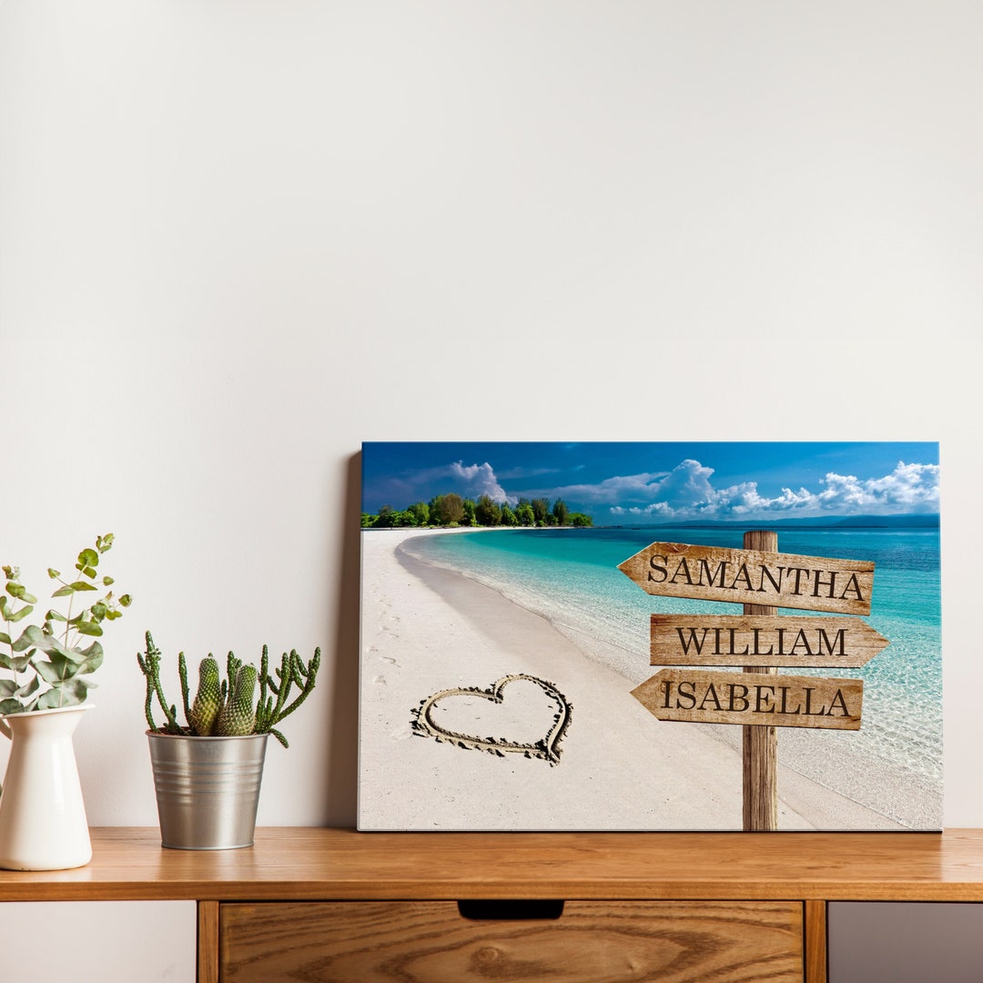 Personalized Family Names Canvas Poster, Tropical Beach Heart in Sand ...
