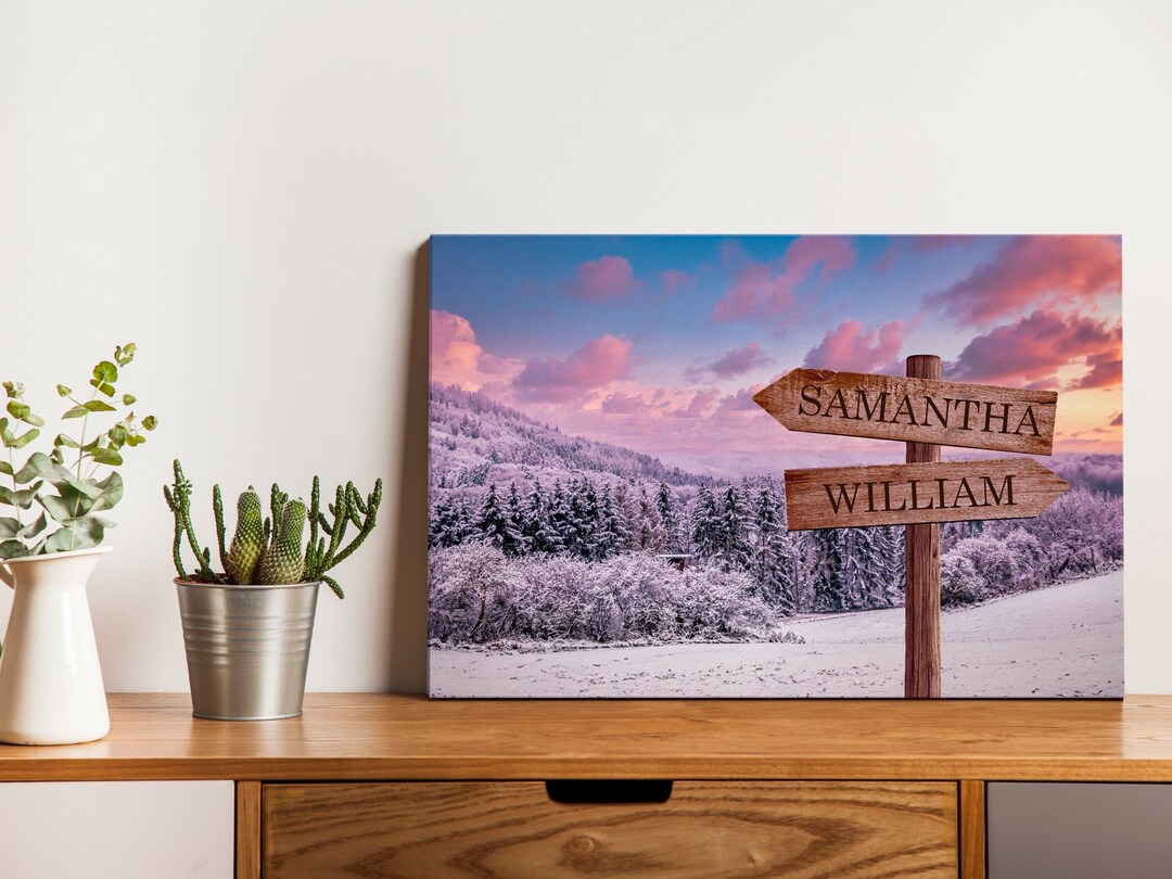 Personalized Family Names Canvas Poster, Snow Sunset Scenery Signpost ...