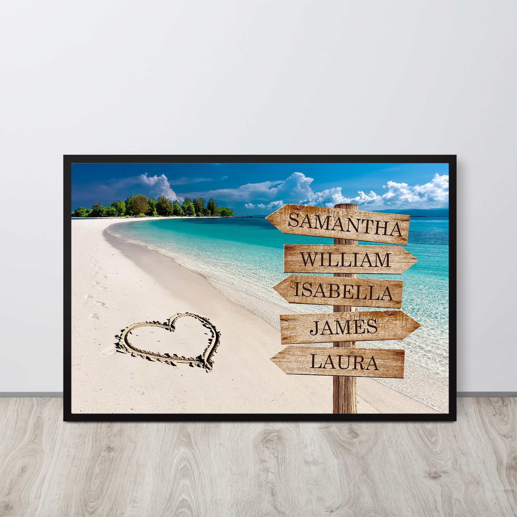 Personalized Family Names Canvas Poster, Tropical Beach Heart in Sand ...