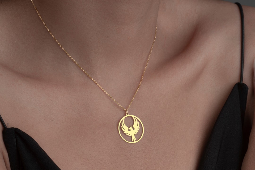14K Gold Phoenix Necklace, Gold Rising Phoenix Pendant, Dainty Phoenix ...