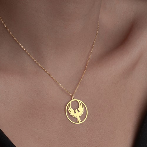 14K Gold Phoenix Necklace Gold Rising Phoenix Pendant Dainty - Etsy