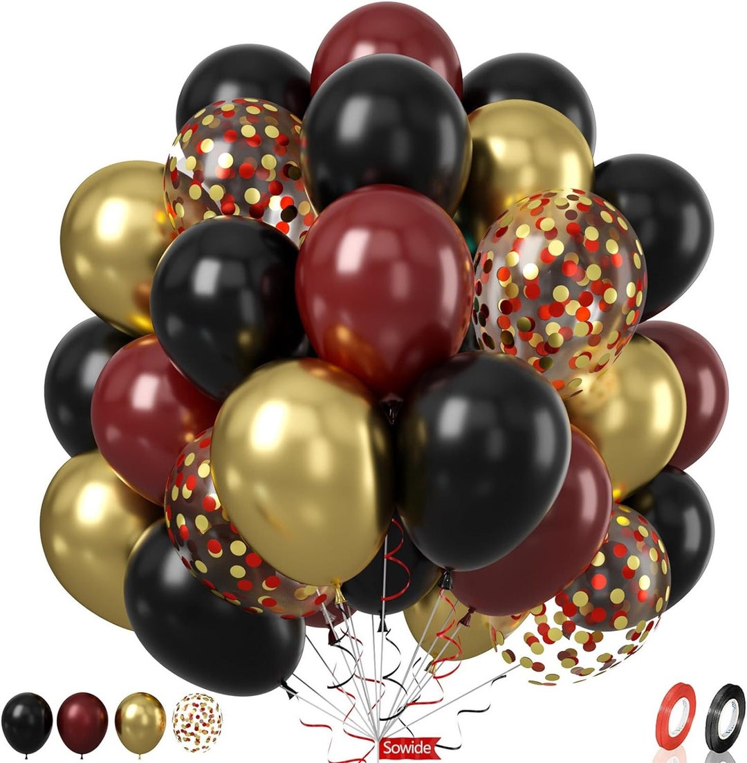 Black, Metallic Gold, Burgundy & Confetti Balloons 12 Inch for Birthday ...