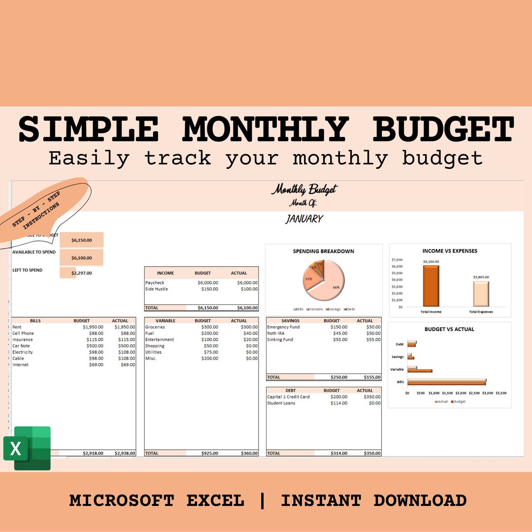 Excel Budget Template | Monthly Budget Spreadsheet | Bi Weekly Budget ...