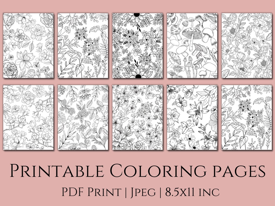 10 Pack Printable Botanical Coloring Pages, Floral Coloring Book Pages ...
