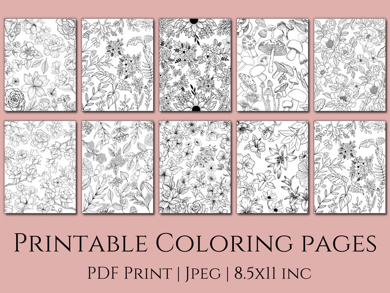 10 Pack Printable Botanical Coloring Pages, Floral Coloring Book Pages ...