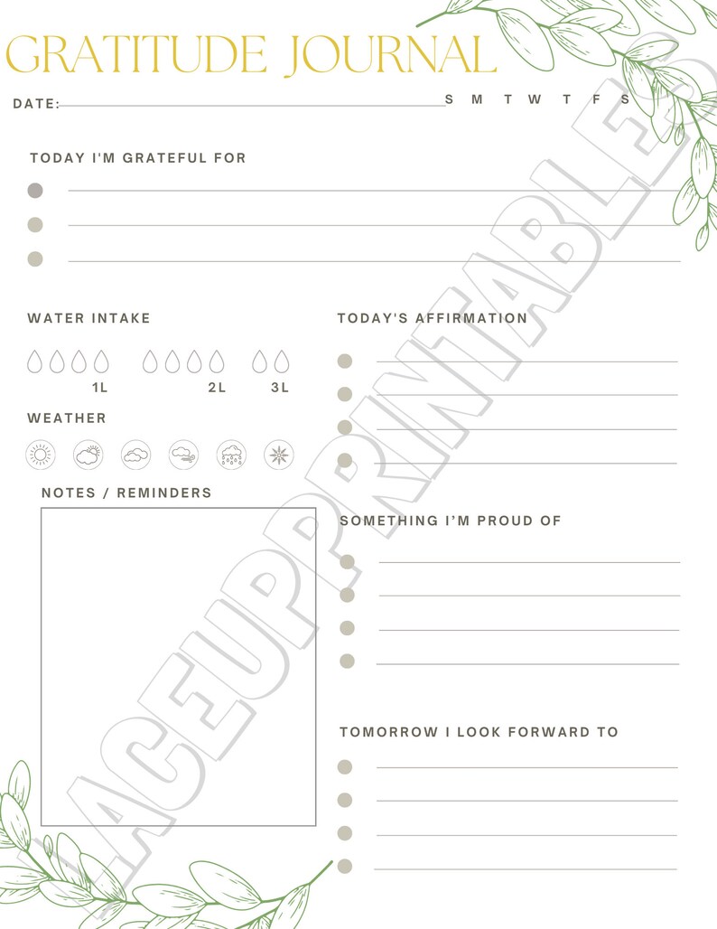 Printable Digital Gratitude Journal. Water Intake Tracker. Notes. Daily ...
