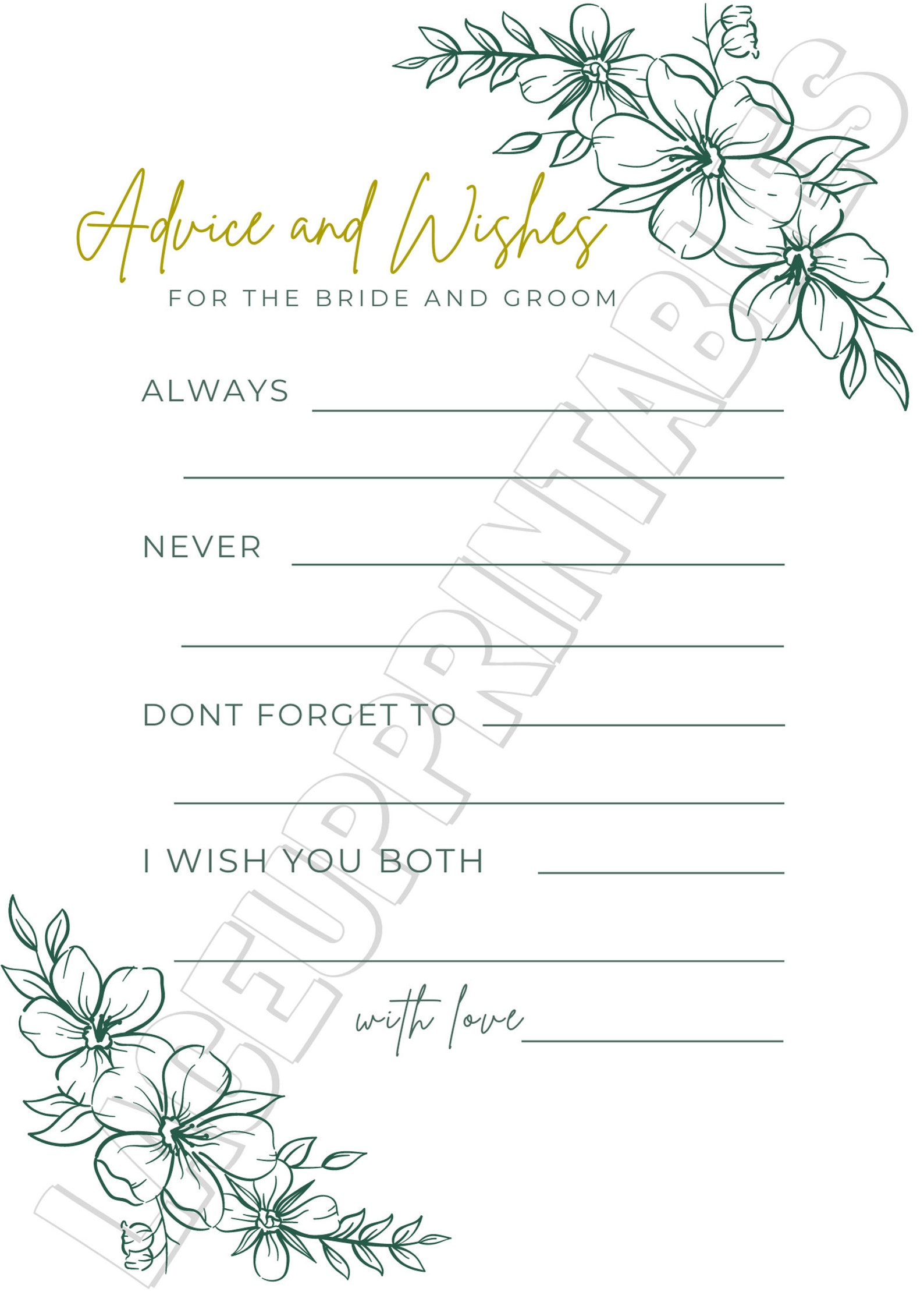 Printable Wedding Advice and Wishes Card for Bride & Groom Bridal Games ...