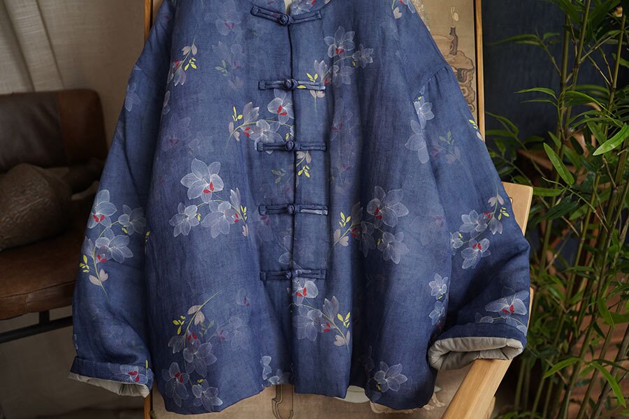 Linen Cotton Women Quilted Chinese Jacket With Vintage Floral Print and ...