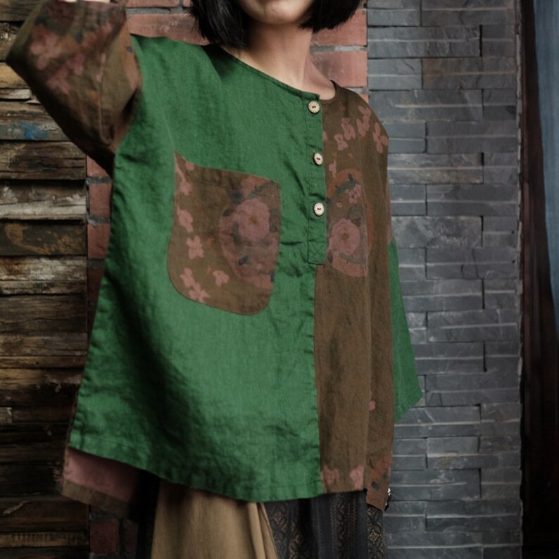 100% Linen Women Blouse With Patchwork Design, Casual Women Linen ...