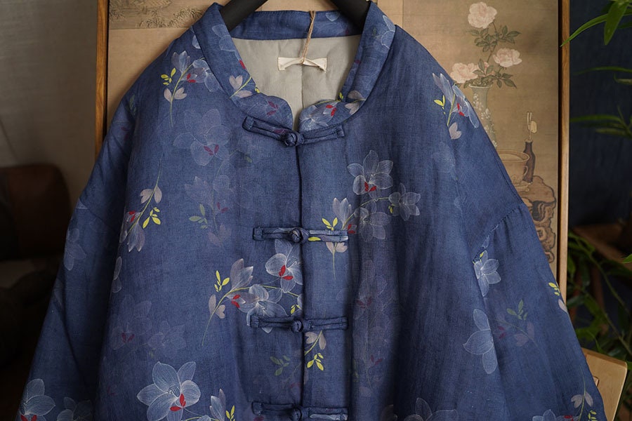Linen Cotton Women Quilted Chinese Jacket With Vintage Floral Print and ...