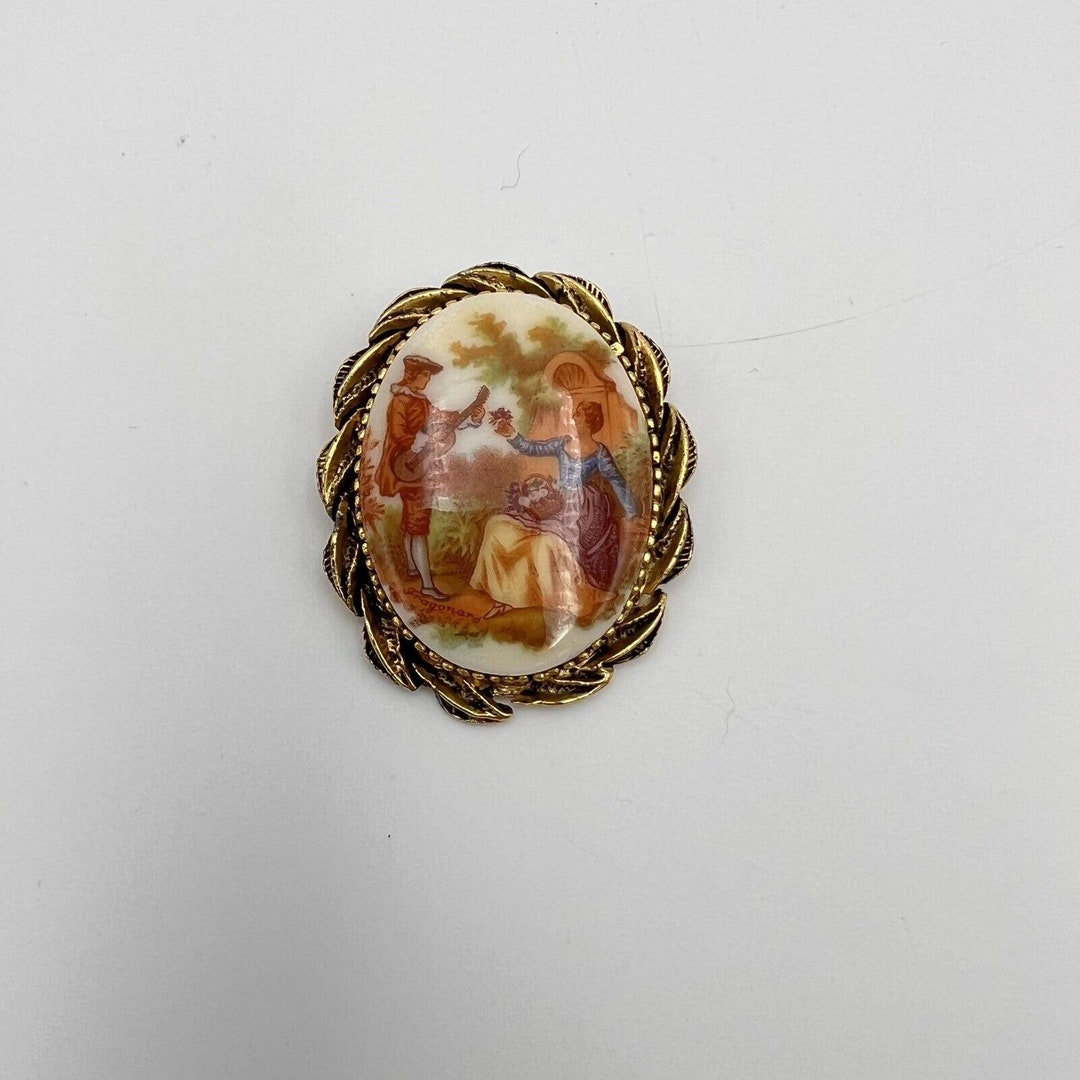 Vintage Fragonard Brooch Pin Cameo Gold Tone Serenade Courting Couples ...