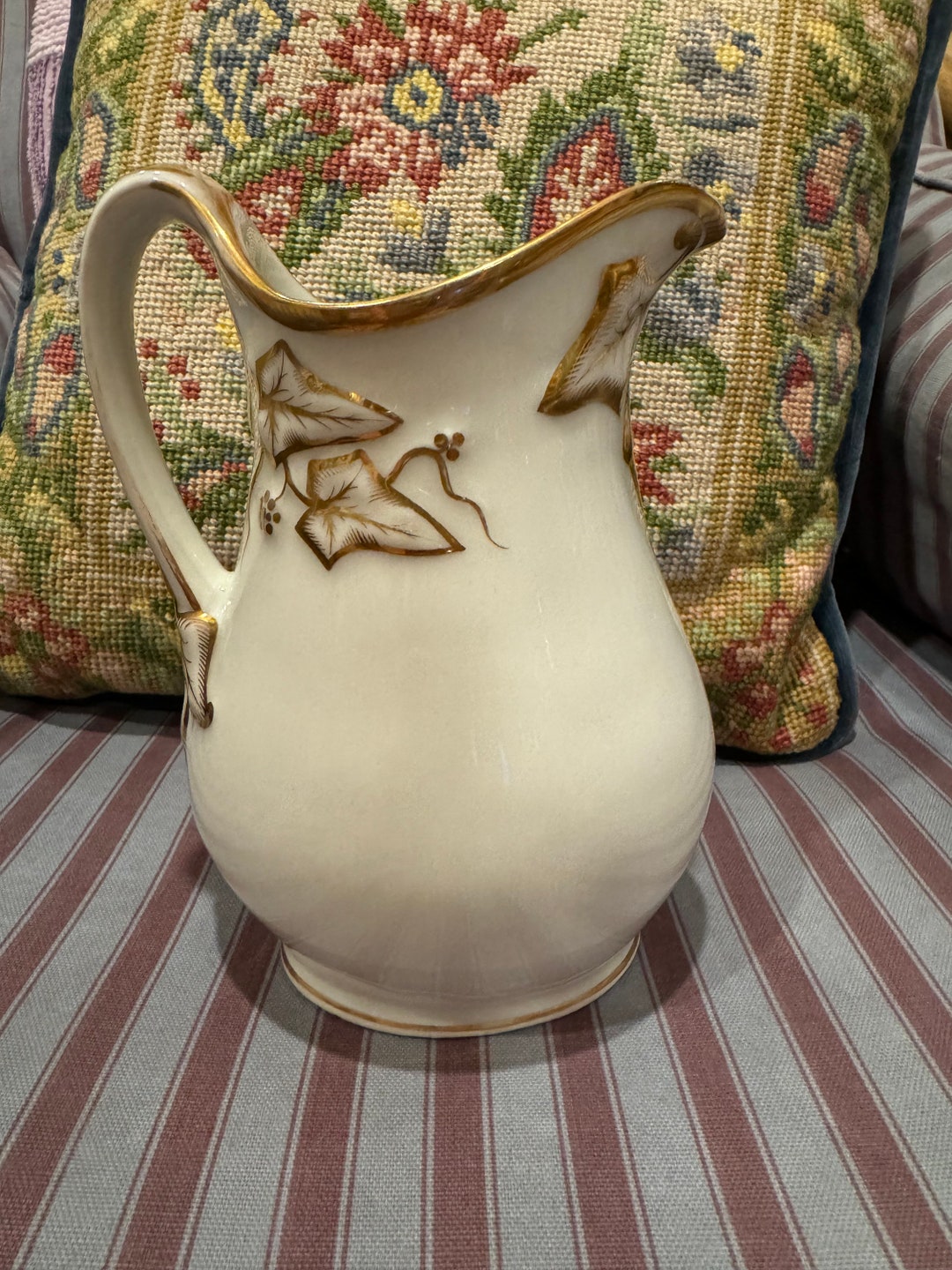 Vintage Antique Ceramic Porcelain Water Pitcher Ivory Gold Leaf French ...