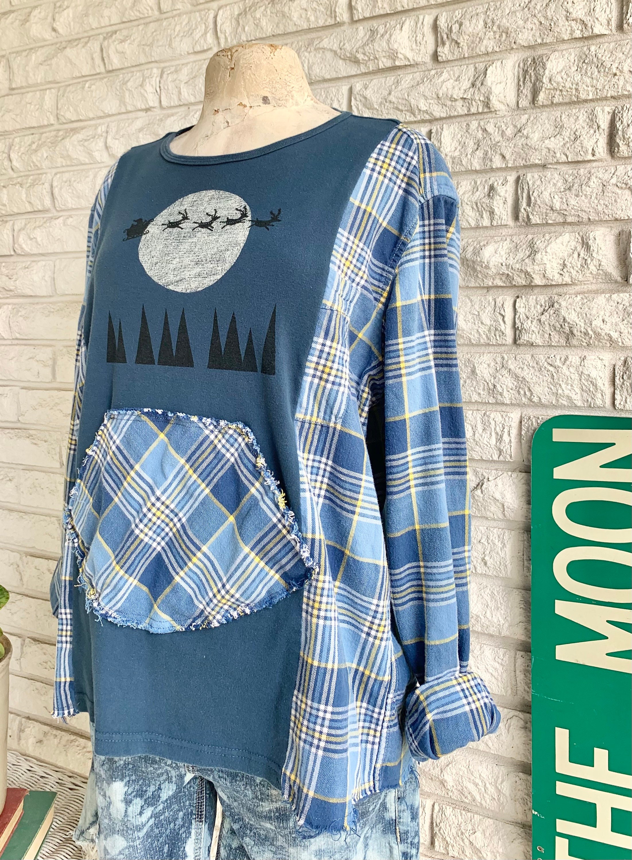 Reworked Christmas T and Flannel Blue Plaid Flannel Rework Clothing ...