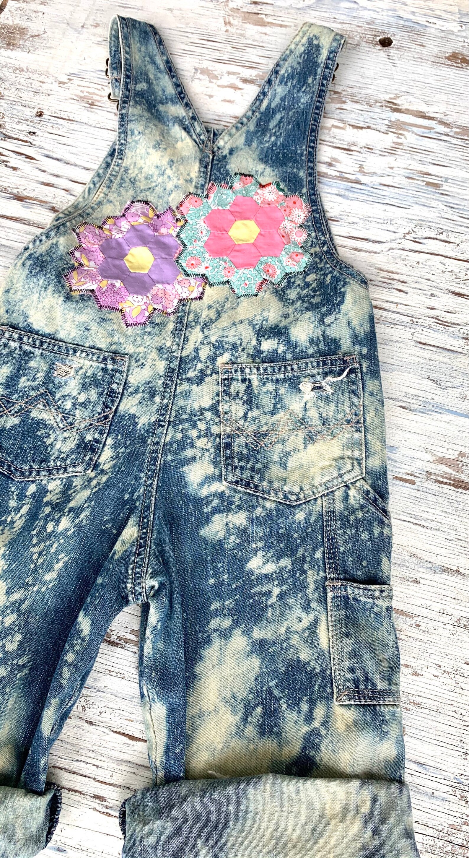 Girls 5T Overalls Bleached Distressed Quilt Patch Denim Overalls ...