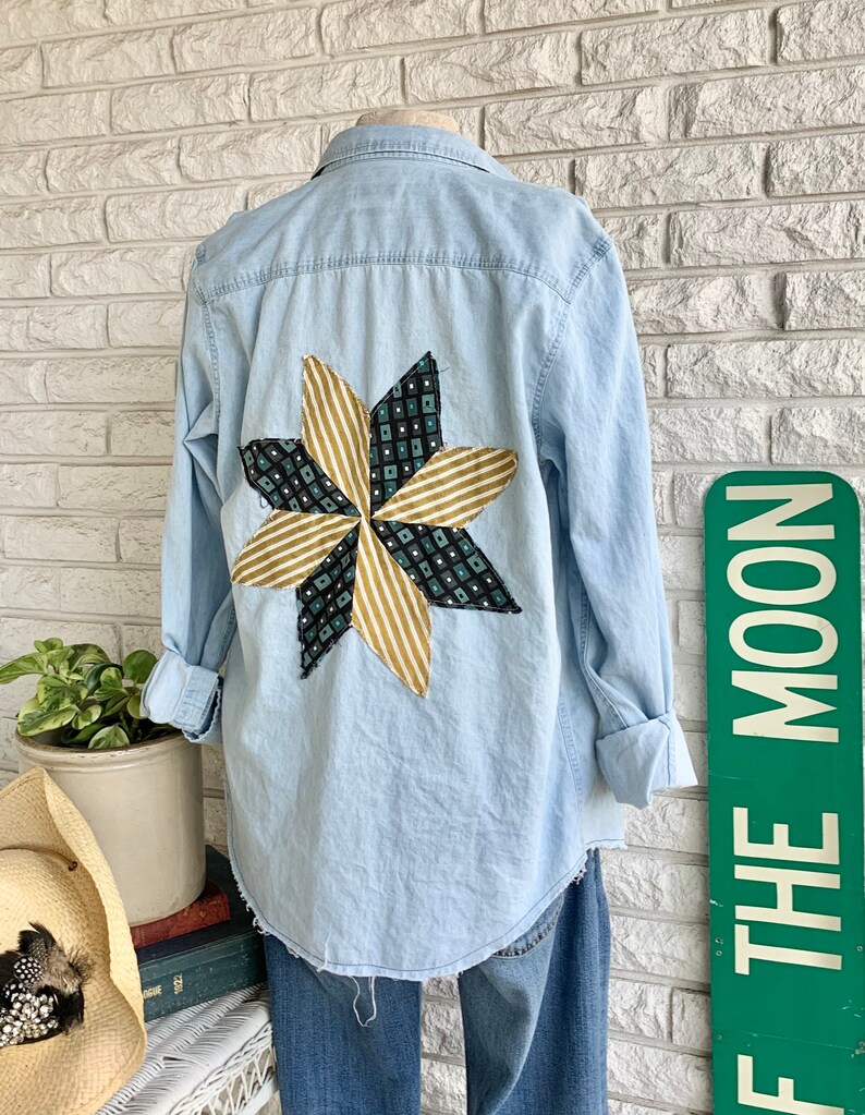 MEDIUM Denim Shirt With Quilt Block Patch Womens Reworked - Etsy