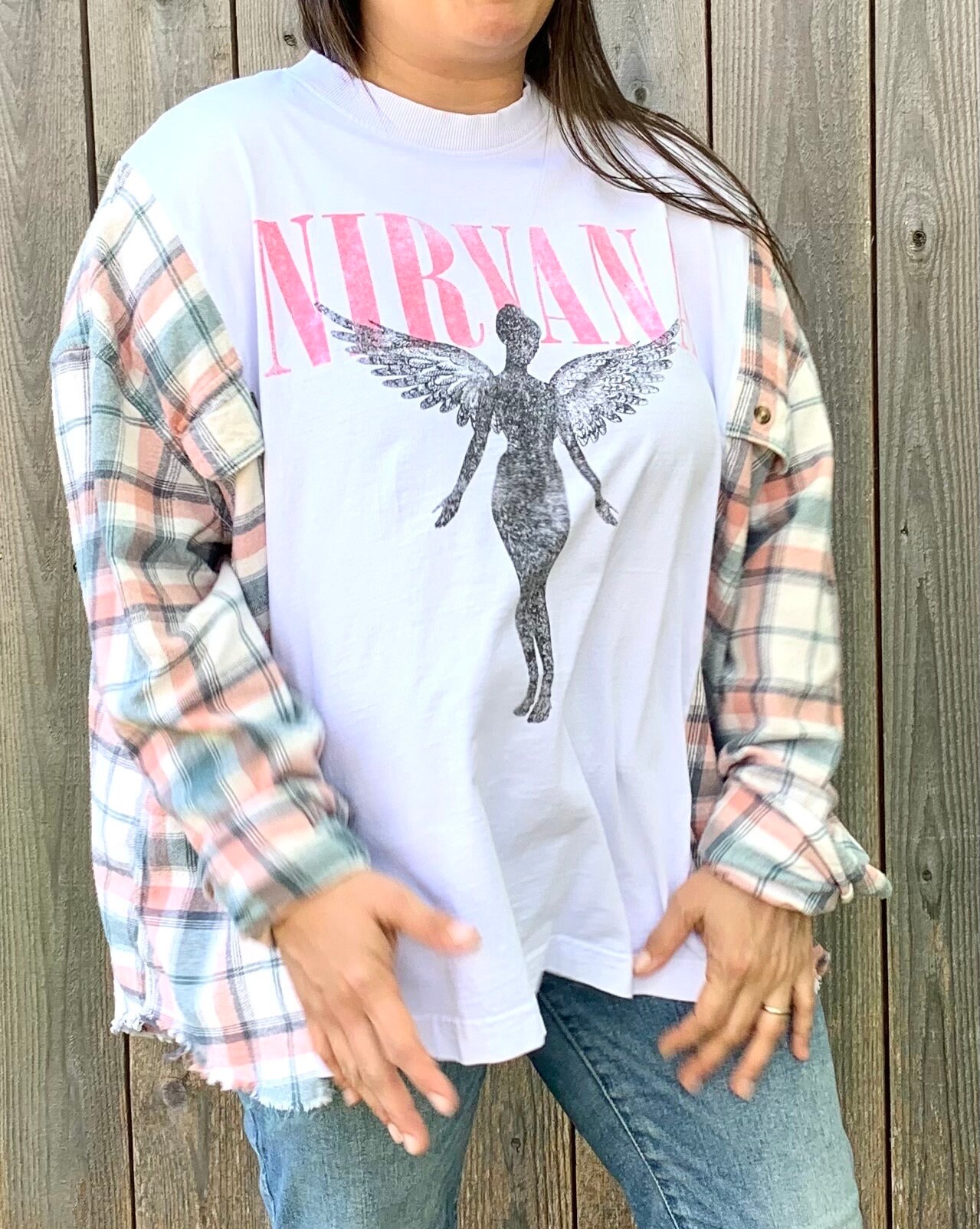 Reworked Nirvana Tee and Flannel Rework Sustainable Clothing Tops Shirt ...