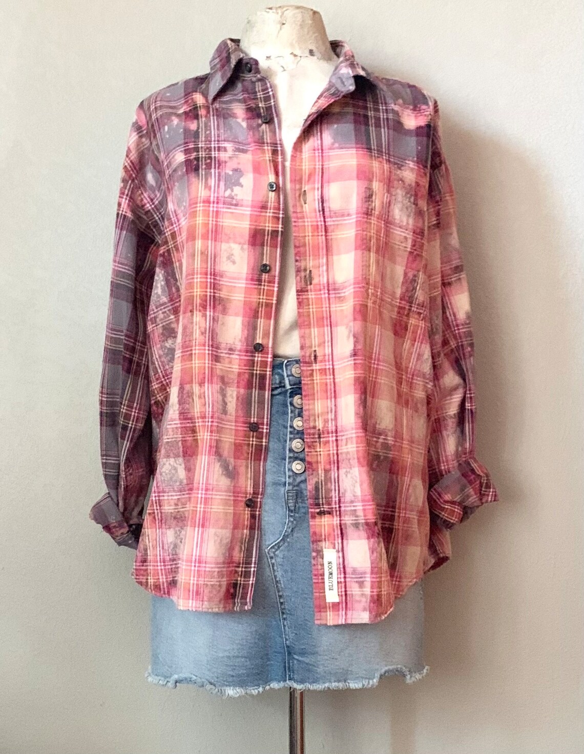 Large Bleached Flannel Acid Washed Distressed Fall Flannel Relaxed Fit ...